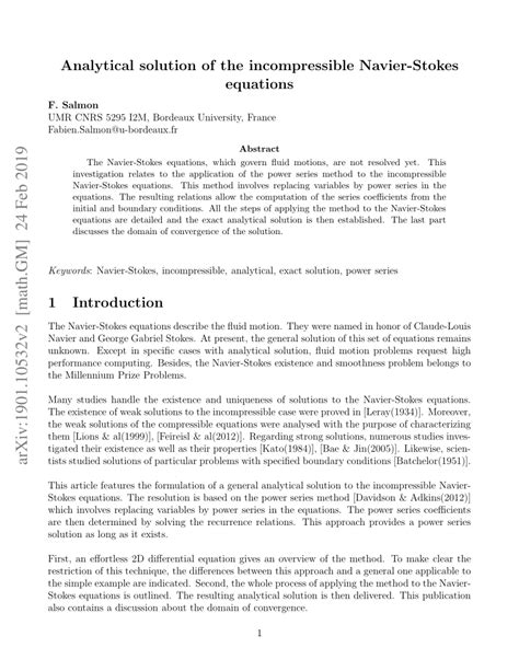 Pdf Analytical Solution Of The Incompressible Navier Stokes Equations
