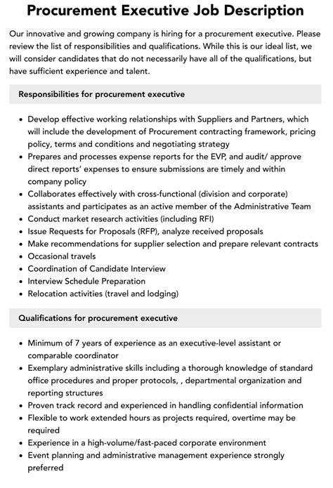 Procurement Executive Job Description Velvet Jobs