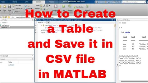 how to create table in matlab convert table to csv file in matlab