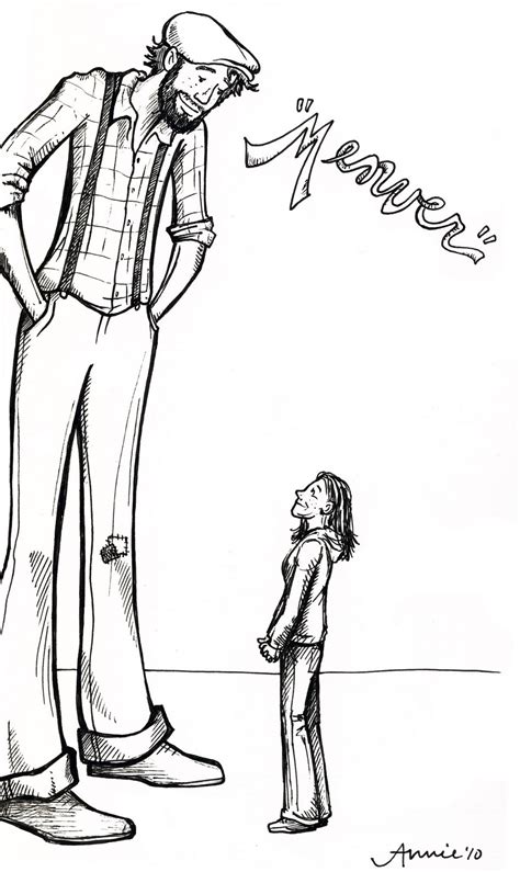 Black And White Drawing Of A Tall Man Near A Small Free Image Download