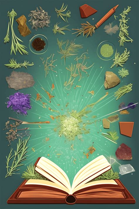 Open Magic Book With Herbs And Crystals On Table · Creative Fabrica