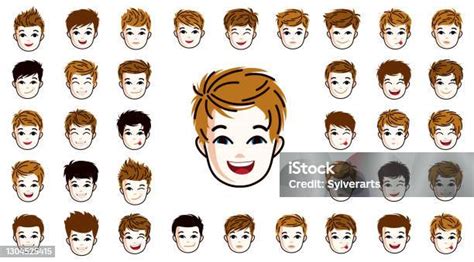 예쁜 아이 소년 얼굴과 헤어 스타일은 흰색 배경에 고립 된 벡터 일러스트를 머리 초기 십대 아이 행복 매력적인 아름다운 얼굴