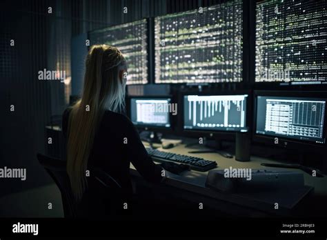Side View Of Female Hacker Using Computer In Dark Room Blurred Background A Female Programmer