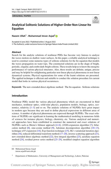Analytical Solitonic Solutions Of Higher Order Non Linear Ito Equation Request Pdf
