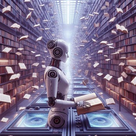 Artificial Robotic Librarian Standing Reading Book Premium Ai Generated Image
