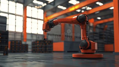 Orange Industrial Robotic Arm Poised In Large Warehouse Stock