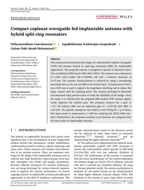 Pdf Compact Coplanar Waveguide Fed Implantable Antenna With Hybrid Split‐ring Resonators