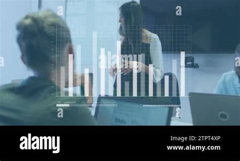 Animation Of Statistical Data Processing Against Biracial Woman Giving A Presentation At Office