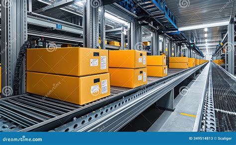 Automated Warehouse System With Conveyor Belts And Yellow Boxes For