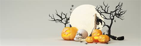 만화 일러스트레이션에 밤 구름과 호박으로 설정된 해피 할로윈 파티 포스터 보름달 마녀 가마솥 거미줄과 두개골 텍스트를위한 장소 와이드 스크린 배경 3d 렌더링 할로윈에 대한