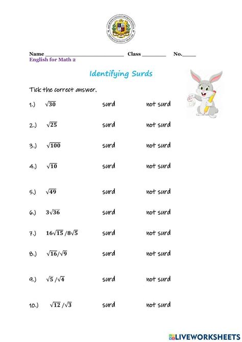 Identifying Surds Worksheet Live Worksheets 57 Off