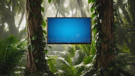 Minitor Screen Suspended Between Trees In A Vibrant Jungle Landscape Stock Illustration