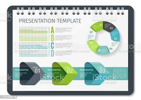 수평 브로셔 또는 책 또는 스프링 비즈니스 인포 그래픽 템플릿을 사용 하 여 메모장 프리 젠 테이 션 배경 차트 그래프 템플릿입니다 벡터 일러스트 0명에 대한 스톡 벡터