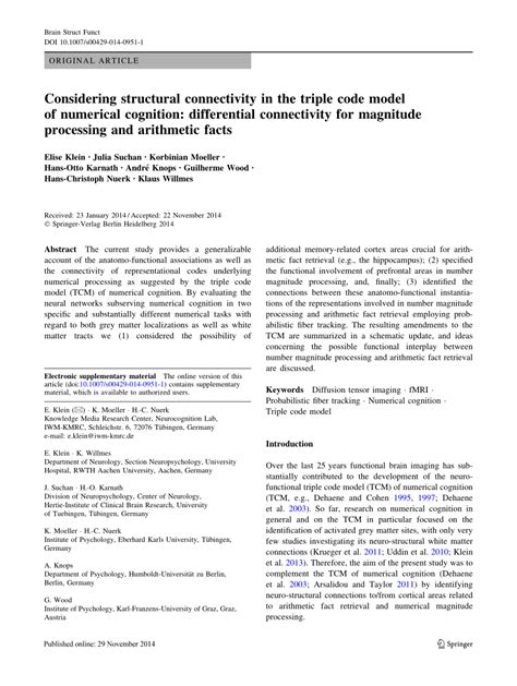 Pdf Considering Structural Connectivity In The Triple Code Model Of Numerical Cognition