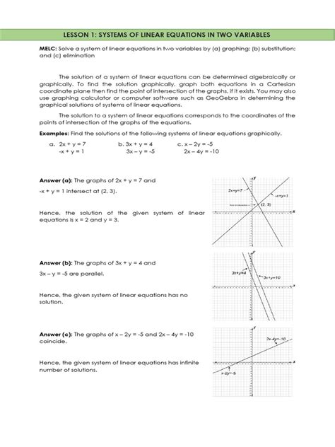 Lesson 1 Systems Of Linear Equations In Two Variables Pdf