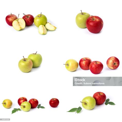 흰색 배경에 빨간 사과 세트입니다 흰색 배경에 노란색 반점이있는 붉은 색의 수분이 많은 사과 육즙이 빨간 사과의 구성 0명에 대한 스톡 사진 및 기타 이미지 Istock