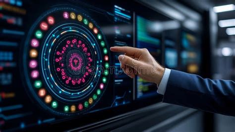 Business Professional Interacting With Digital Interface Displaying Data Analysis Stock