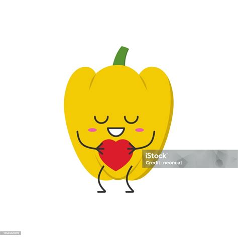 옐로우 페퍼 귀여운 캐릭터 만화 사랑 기호 하트 좋아하는 웃는 얼굴 행복 기쁨 감정 아이콘 로고 파프리카 야채 벡터 일러스트 0명에 대한 스톡 벡터 아트 및 기타 이미지