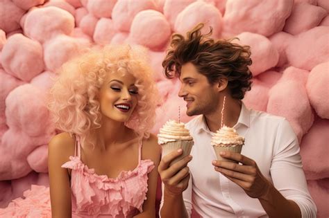 Premium Photo A Couple Enjoying A Pink Cotton Candy