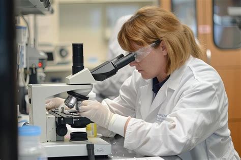 Premium Photo A Woman In A Lab Looking Through A Microscope