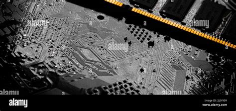 Macro Close Up Of Computer Ram Chip Random Access Memory Chip Slot For Pc Motherboard Stock