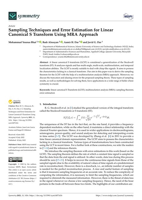 Pdf Sampling Techniques And Error Estimation For Linear Canonical S Transform Using Mra Approach