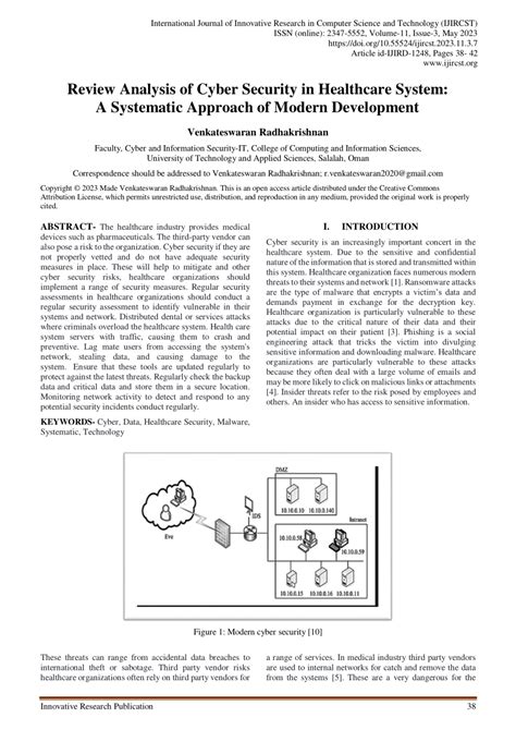 PDF Review Analysis Of Cyber Security In Healthcare System A Systematic Approach Of Modern