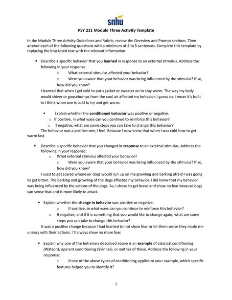 PSY 211 Module Three Activity Template Then Answer Each Of The Following Questions With A