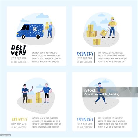 배달 서비스 화물 업계 포스터 배너입니다 택배 문자입니다 소포와 유니폼에 우편 노동자입니다 벡터 일러스트 레이 션 개념에 대한 스톡 벡터 아트 및 기타 이미지 Istock