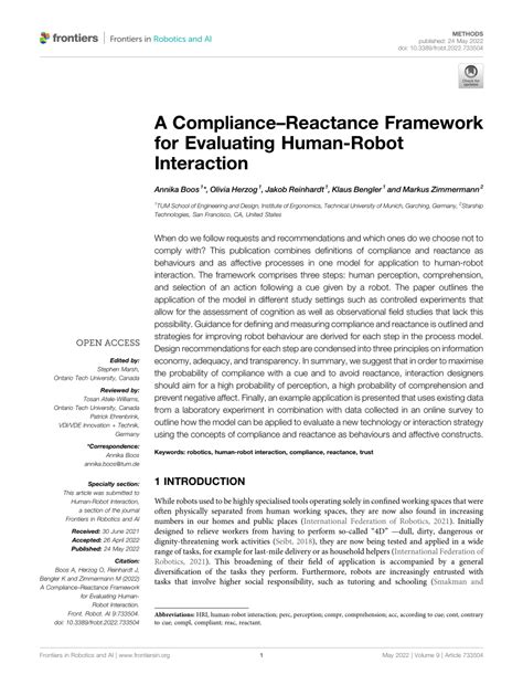 Pdf A Compliancereactance Framework For Evaluating Human Robot Interaction