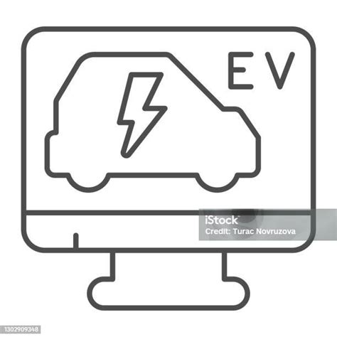 전기차 씬라인 아이콘 전기자동차 컨셉 흰색 배경의 Ev 차량 수리 서비스 사인 컴퓨터 진단 스캔 아이콘이 있는 컴퓨터 모니터 벡터 그래픽 검은색에 대한 스톡 벡터 아트 및
