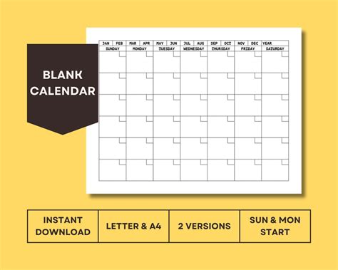 Printable Blank Calendar Undated Monthly Planner Printable Etsy