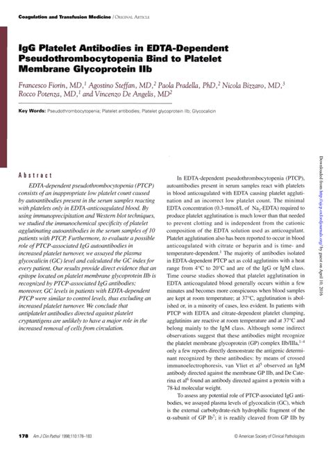 Pdf Igg Platelet Antibodies In Edta Dependent Pseudothrombocytopenia Bind To Platelet Membrane