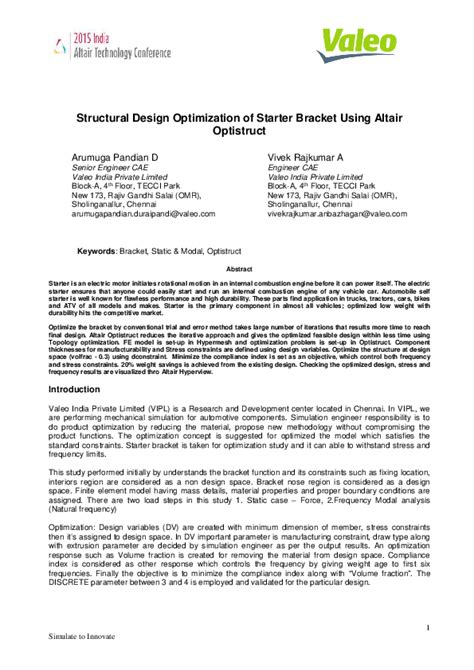 pdf structural design optimization of starter bracket using altair