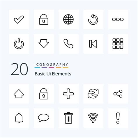20 Basic Ui Elements Line Icon Pack Like Login Security Plus Lock Tick
