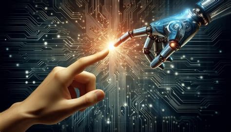 hands of robot and humans touching on a big data network connection