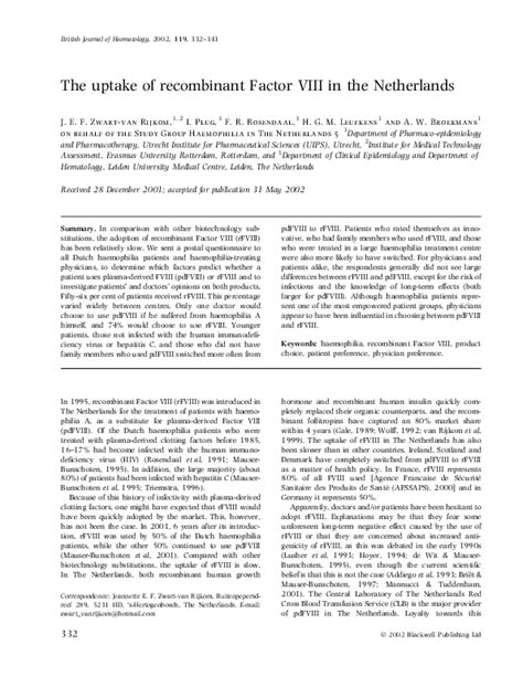 Pdf The Uptake Of Recombinant Factor Viii In The Netherlands Iris