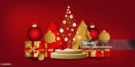 제품 디스플레이를위한 크리스마스 받침대 장면 보블 나무 빨간색 배경에 선물 상자가있는 골드 스테이지 기본 장식 12월에 대한