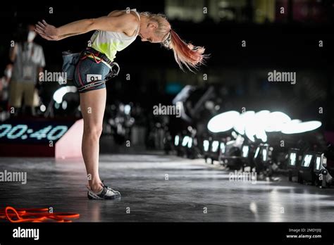 Janja Garnbret Of Slovenia Salutes After Competing The Lead Portion Of The Womens Sport