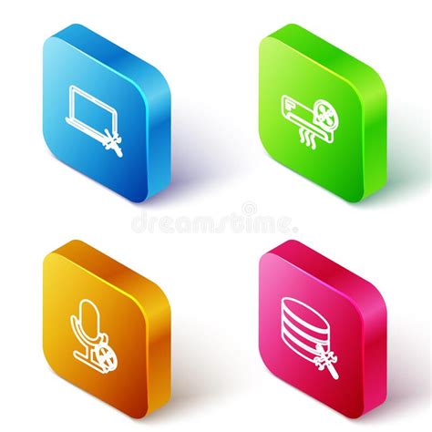 Set Isometric Line Laptop Service Air Conditioner Microphone And Database Server Icon Vector