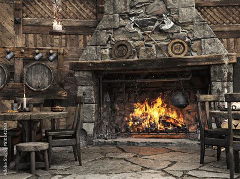 Fantasy Medieval Tavern Inn Background With Large Fireplace 3d