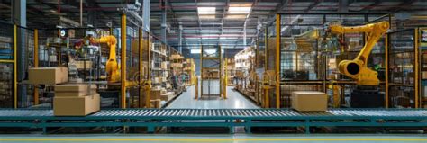 highly automated smart warehouse with robotic arms sorting parcels efficiently during daytime