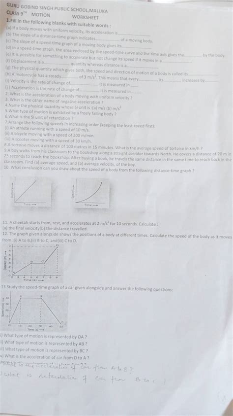 Guru Gobind Singh Public Schoolmaluka Class 9th Motion Worksheet 1 Fil