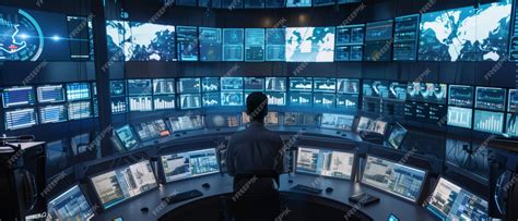 Premium Photo A Lone Operator Monitors Multiple Screens In A Hightech