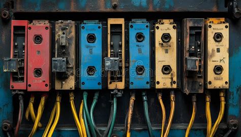 Close Up Of A Circuit Breaker Box With Color Coded Wires Concept Of Electrical Wiring Energy