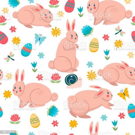 부활절 토끼와 원소 흰색 배경에 매끄러운 패턴 벡터 그래픽 0명에 대한 스톡 벡터 아트 및 기타 이미지 0명 개념 계절 Istock