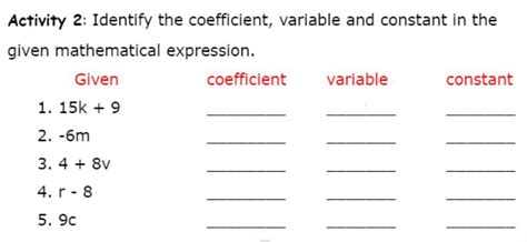 Activity 2 Identify The Coefficient Variable And Constant In The