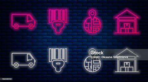 세트 라인 스캐너 스캐닝 바코드 지도 용지의 자리 표시자 관점에서 배달화물 트럭 차량 및 창고 벽돌 벽에 빛나는 네온 아이콘