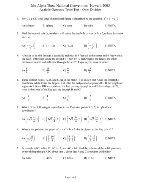 2005 Open Analytic Geometry Test