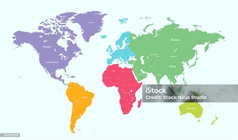 Vetores De Mapa Mundial Dividido Em Seis Continentes Com Nomes De